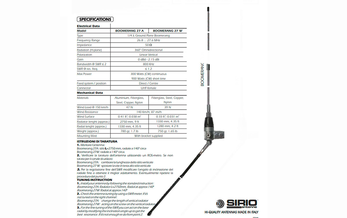 SIRIO BOOMERANG 27A. Antenne balcon CB 27 Mhz. 3,6 mètres