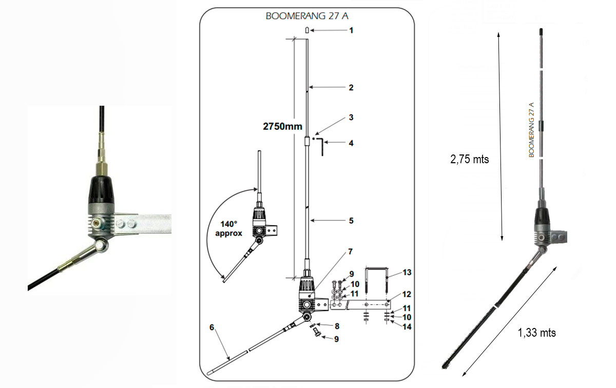 SIRIO BOOMERANG 27A. Balcony antenna CB 27 Mhz. 3.6 meters