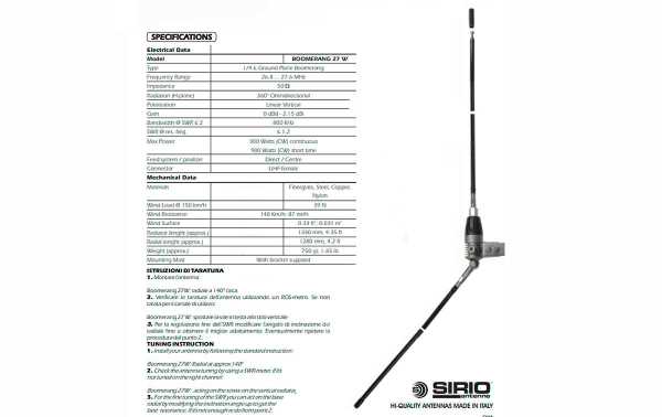 SIRIO BOOMERANG27W CB 27 Mhz Fiber Antenna 1/4 Wave Balcony.