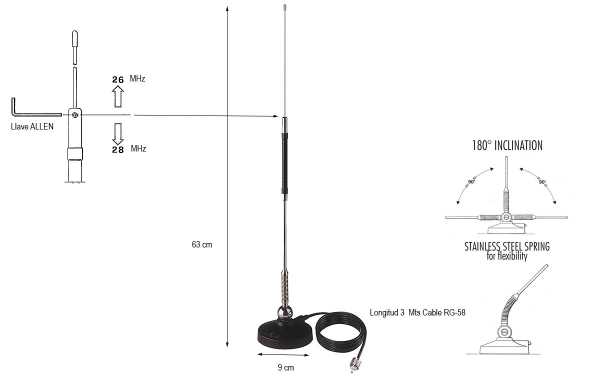Mini Mag-27 Antena movil con base magnetica Longitud 63 cm